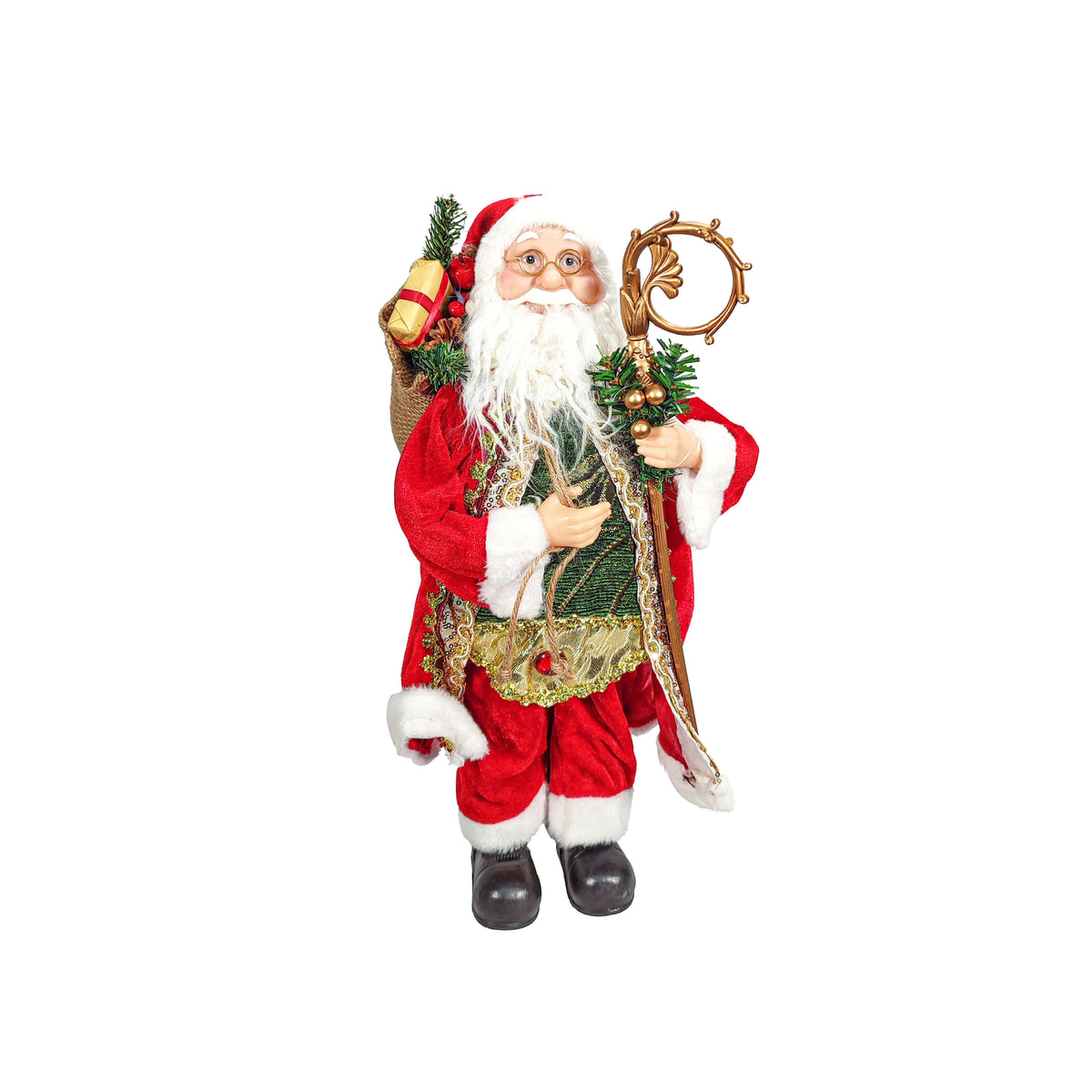 Red and Gold Santa with Green Shirt and Staff 45cm – Grandiflora