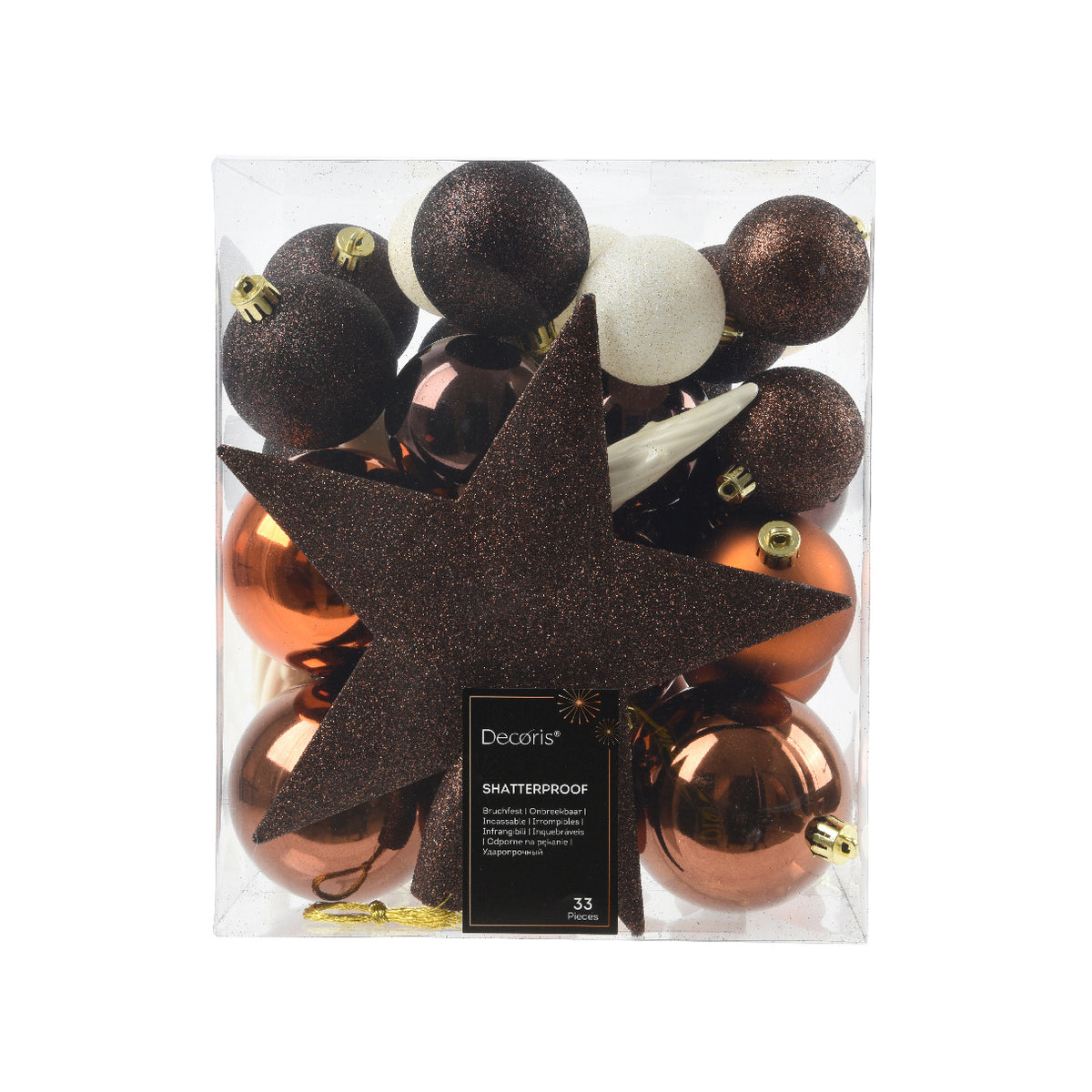 Bauble Set With Star Tree Topper Set Of 33 8Cm, Copper & Brown ...